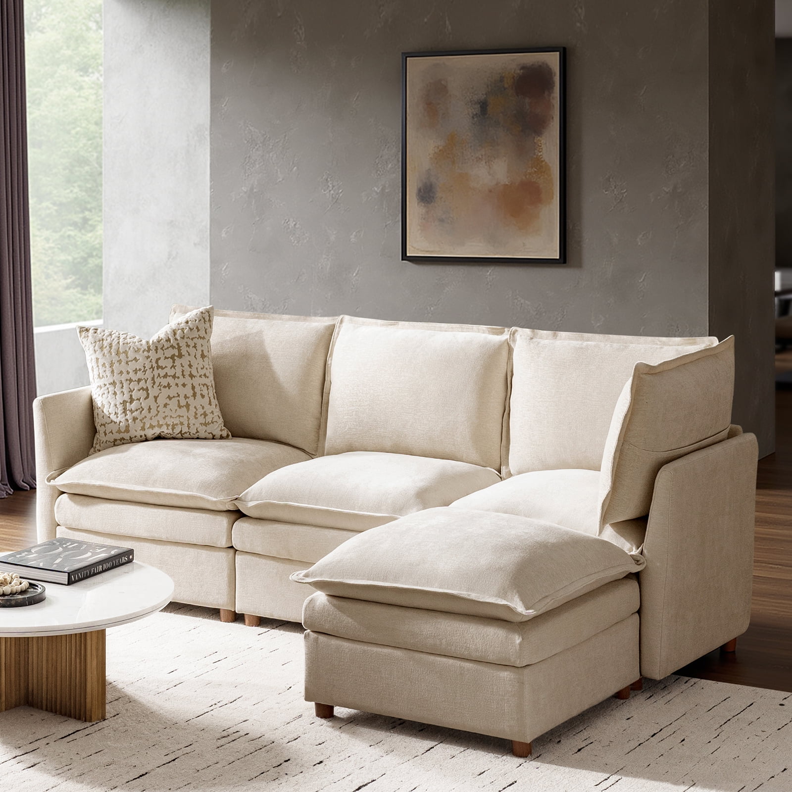 L-Shaped 4 Seater Sectional Sofa with Dual Layer Cushion, Modular ...