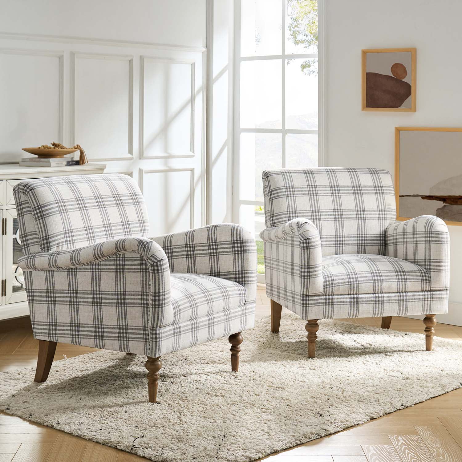 Plaid Accent Chair Set of 2, Wooden Legs Upholstered Armchair Lounge ...