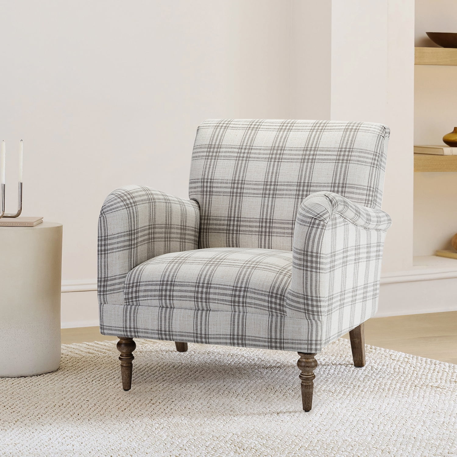 14 Karat Home Plaid Accent Chair Wooden Legs Upholstered Armchair Sofa ...