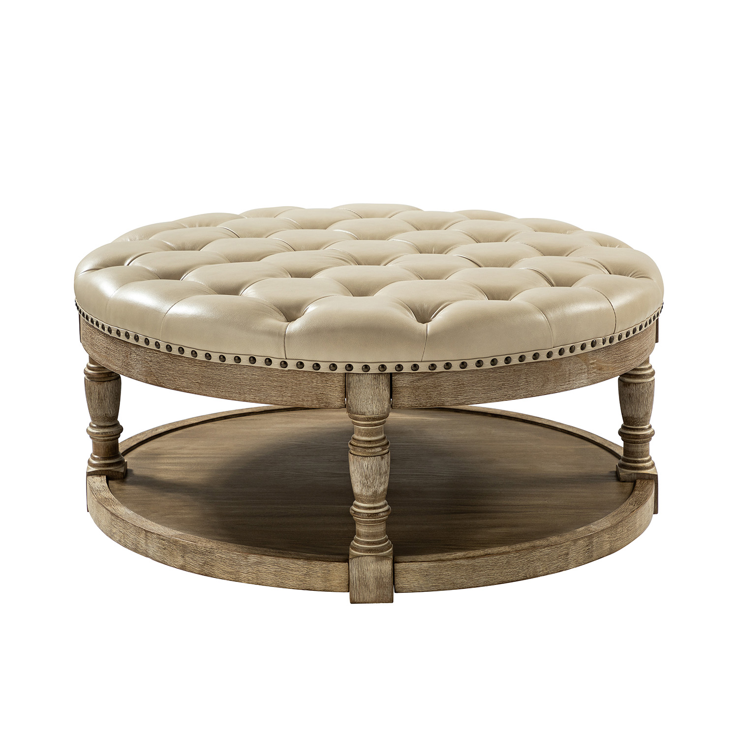 Noble House Vincent Modern Glam Round Tufted Velvet Ottoman, Beige ...