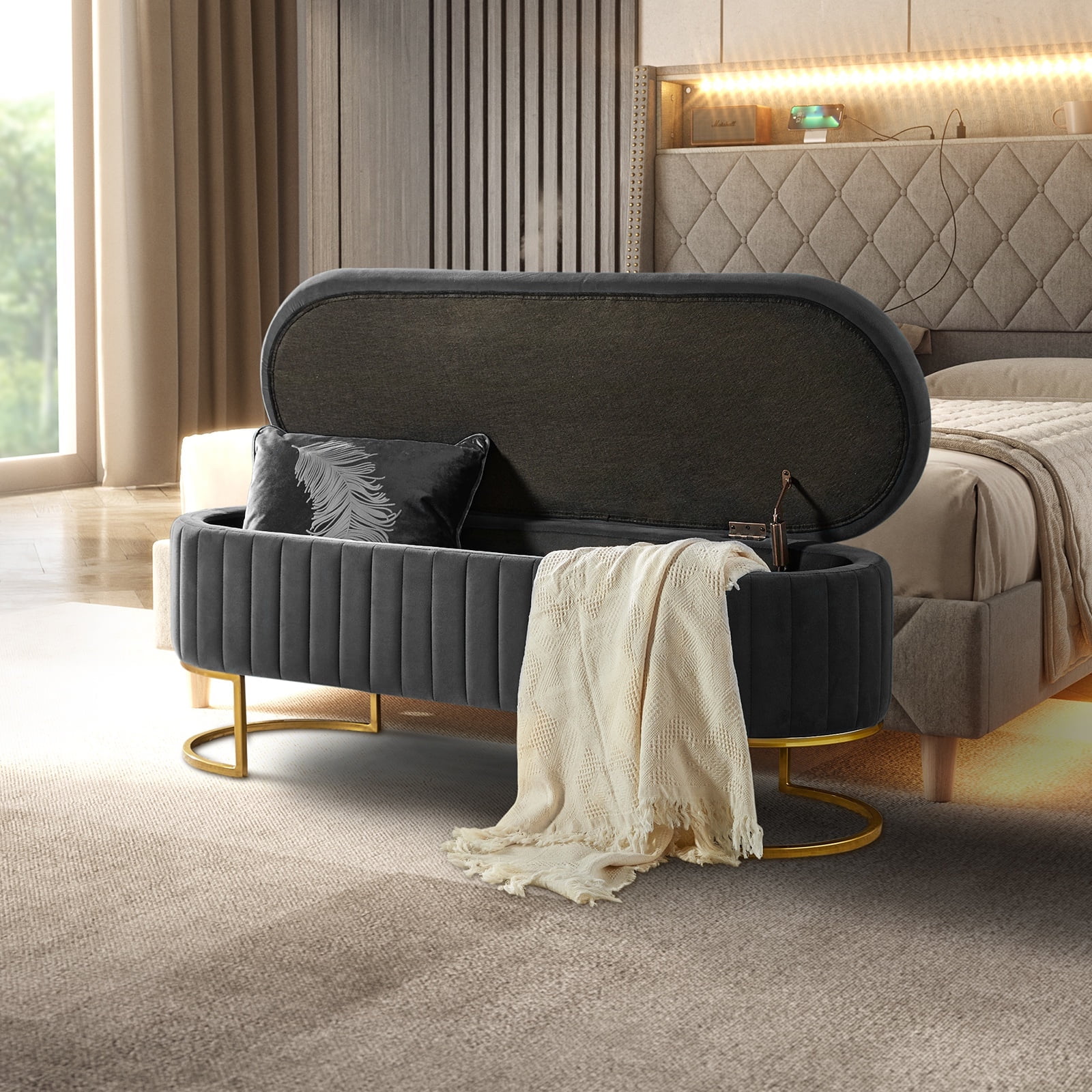 Storage Bench Ottoman with 2 Footstools Velvet Flip Top Upholstered ...