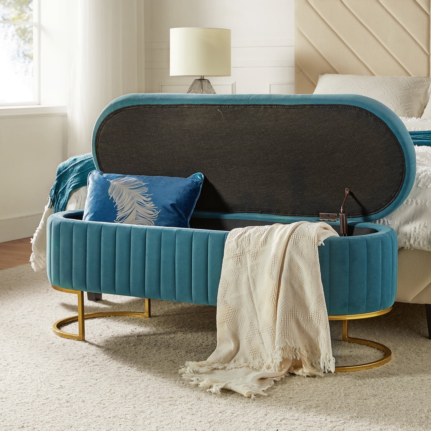 Velvet Storage Bench Ottoman with 2 Footstools Flip Top Upholstered ...