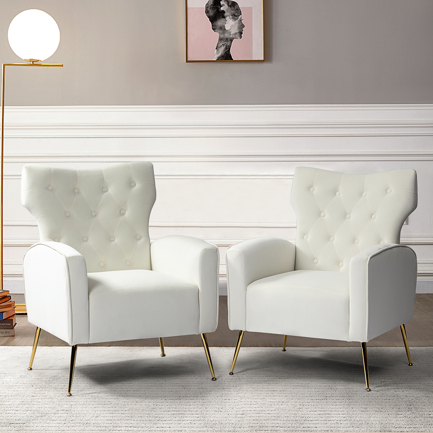 14 Karat Home Wingback Velvet Accent Chair Set of 2 Button Armchair ...