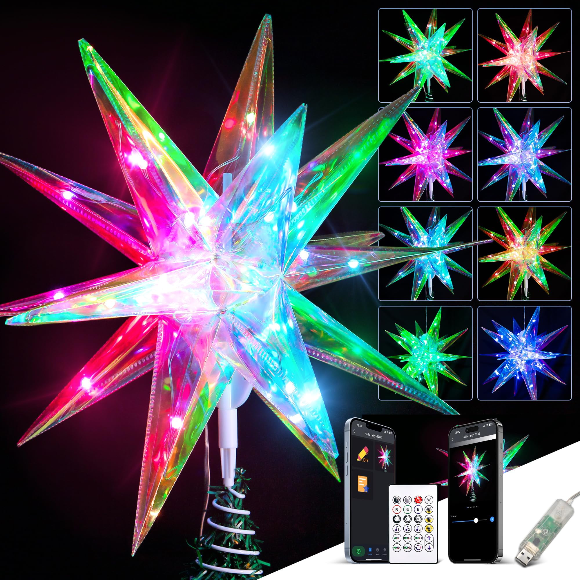 14” Lighted Moravian Star - Foldable Christmas Topper Star with USB-A ...