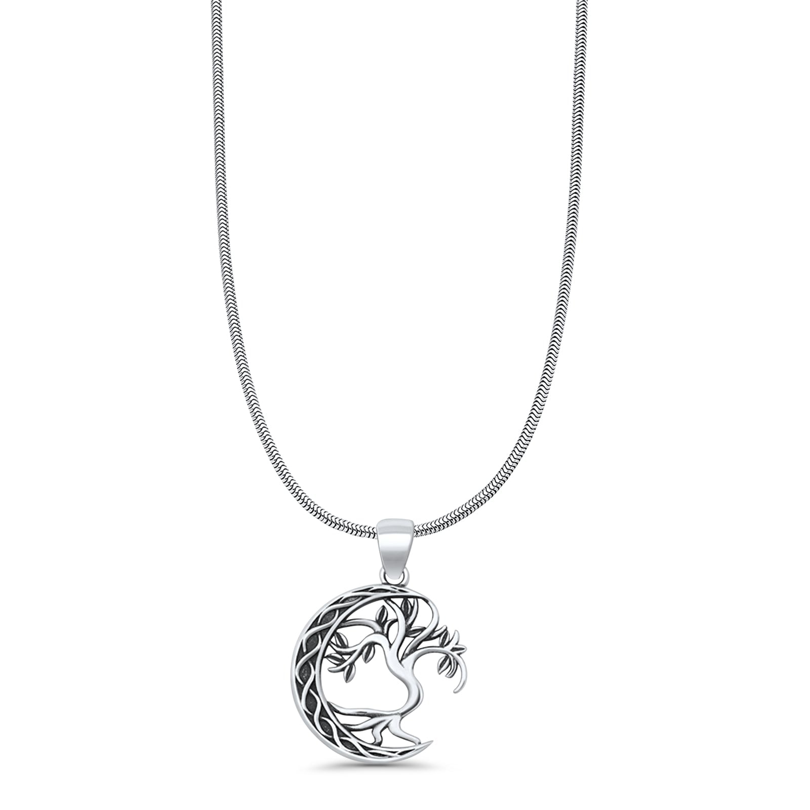 14" Long 1mm Snake Chain- Celtic Moon & Tree Pendant Necklace Oxidized ...