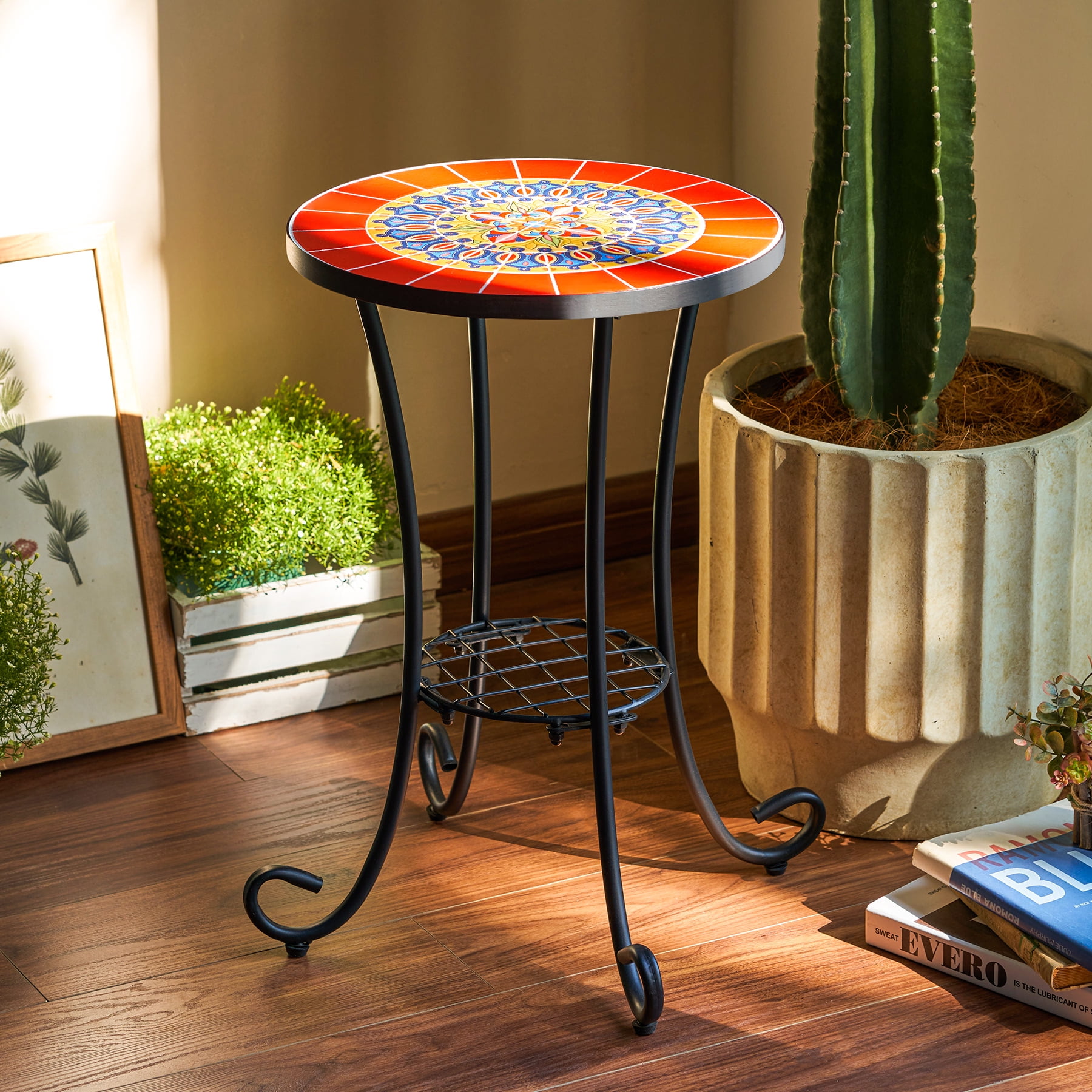 Bestco 14" Mosaic Plant Stand, Outdoor Side Table with Shelf, Red ...