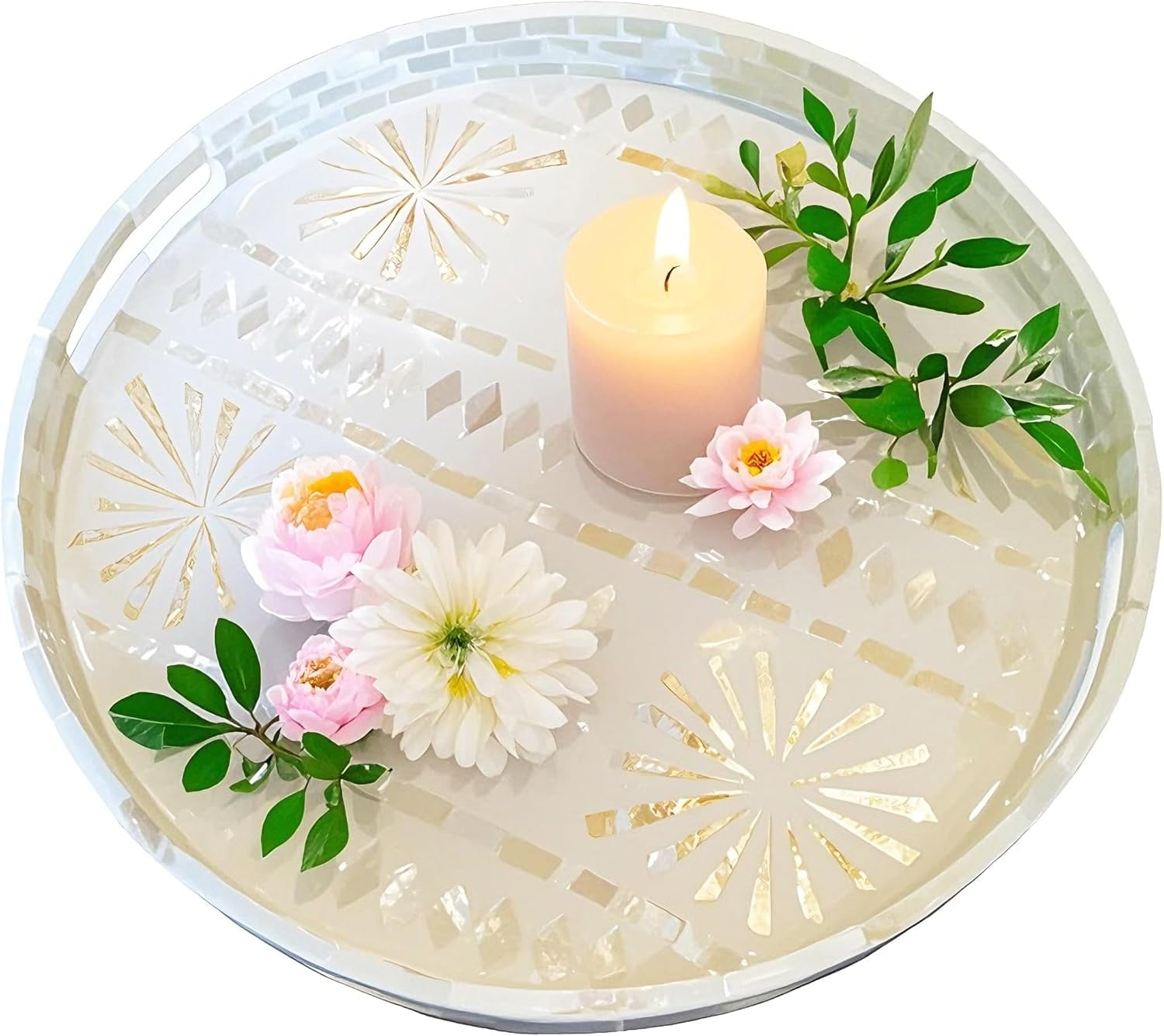 14" Mother of Pearl Round Breakfast Serving Tray Platter with Cutout ...