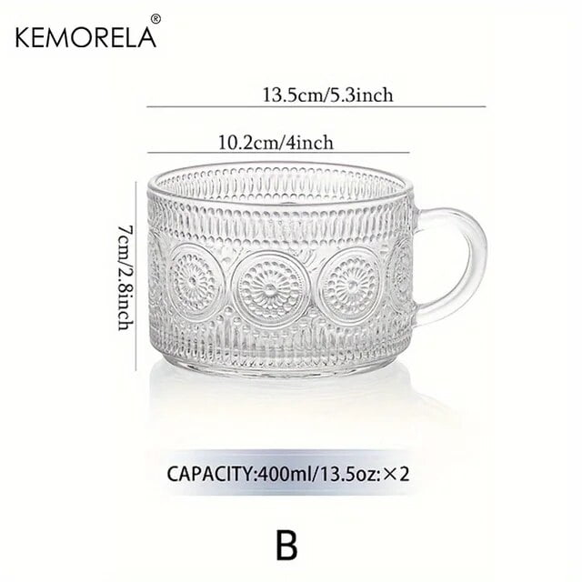 14 Oz/400ML Vintage Embossed Glass Coffee Mugs Elegant Clear Tea Cups ...