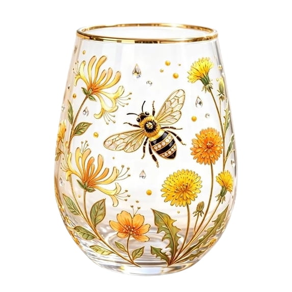 14 Oz Hummingbird Pattern Glass Tea Cup with Gold Rim, Elegant Clear ...