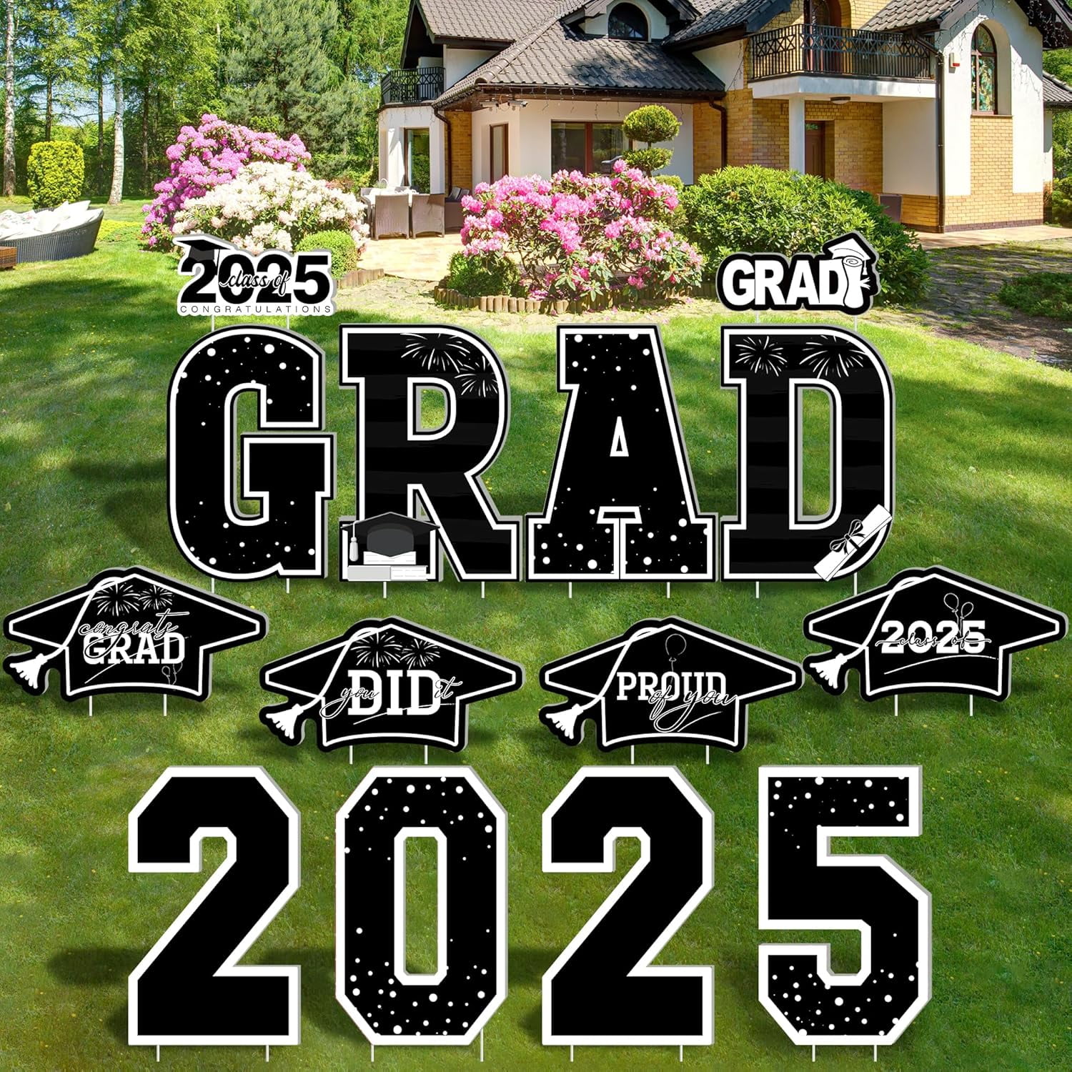 14 PCS 2025 Graduation Decorations, Black White Graduation Yard Signs ...