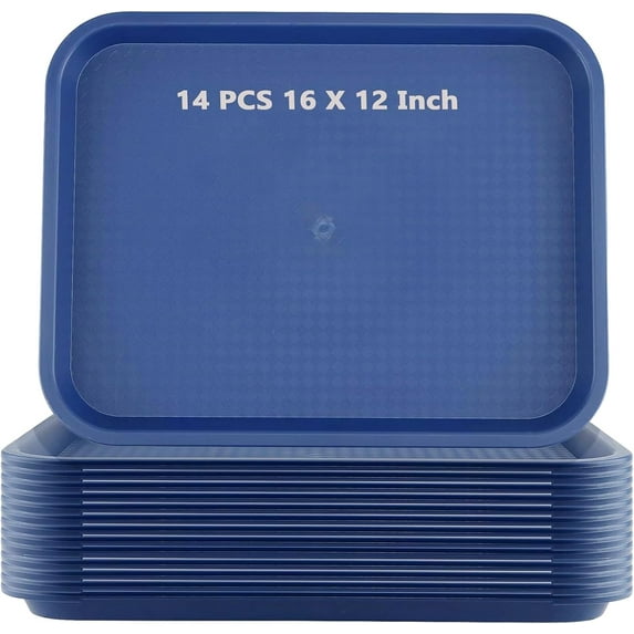 14 Pack Blue 16 x 12 Inch Rectangular Plastic Serving Tray with Raised ...