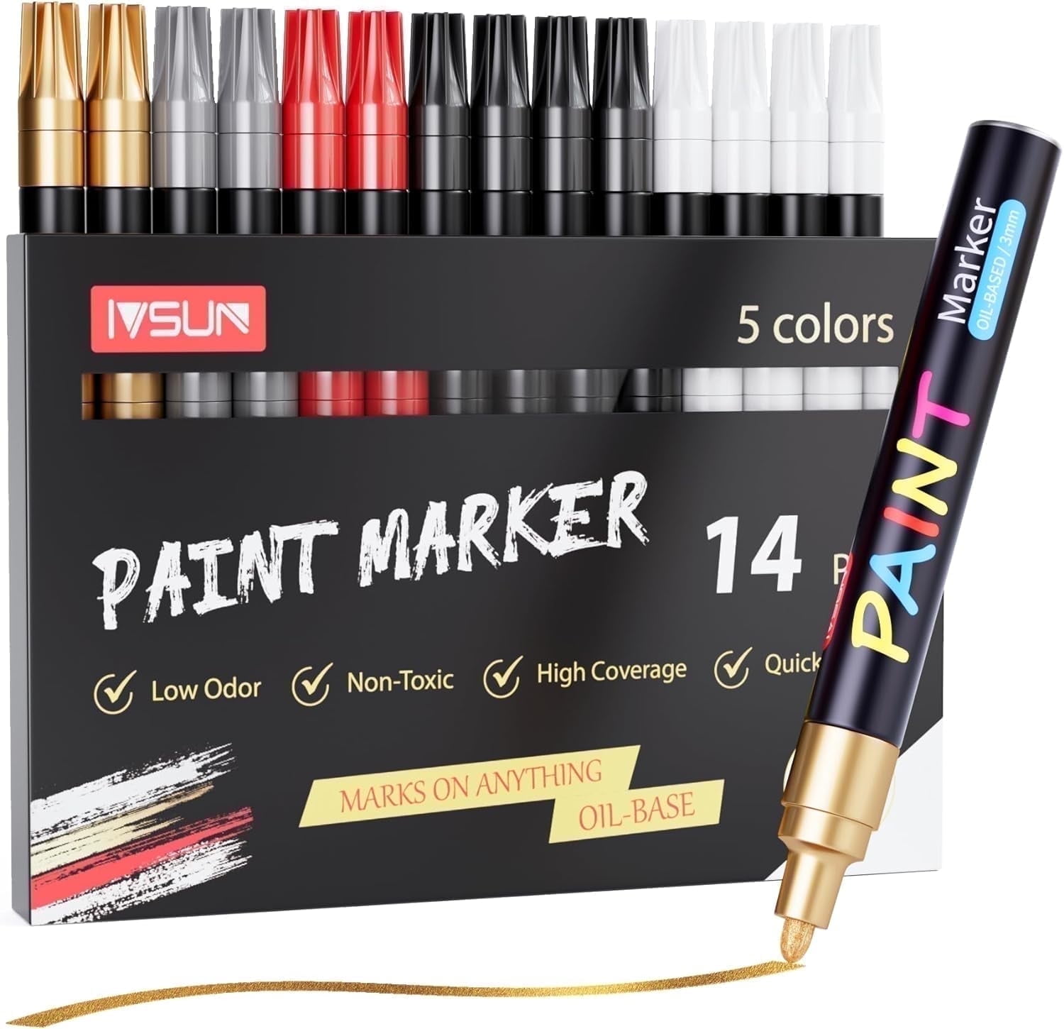 14 Pack Paint Pens Paint Markers, 5 Colors Permanent Oil Based Markers, Medium Tip (3mm) Paint ...