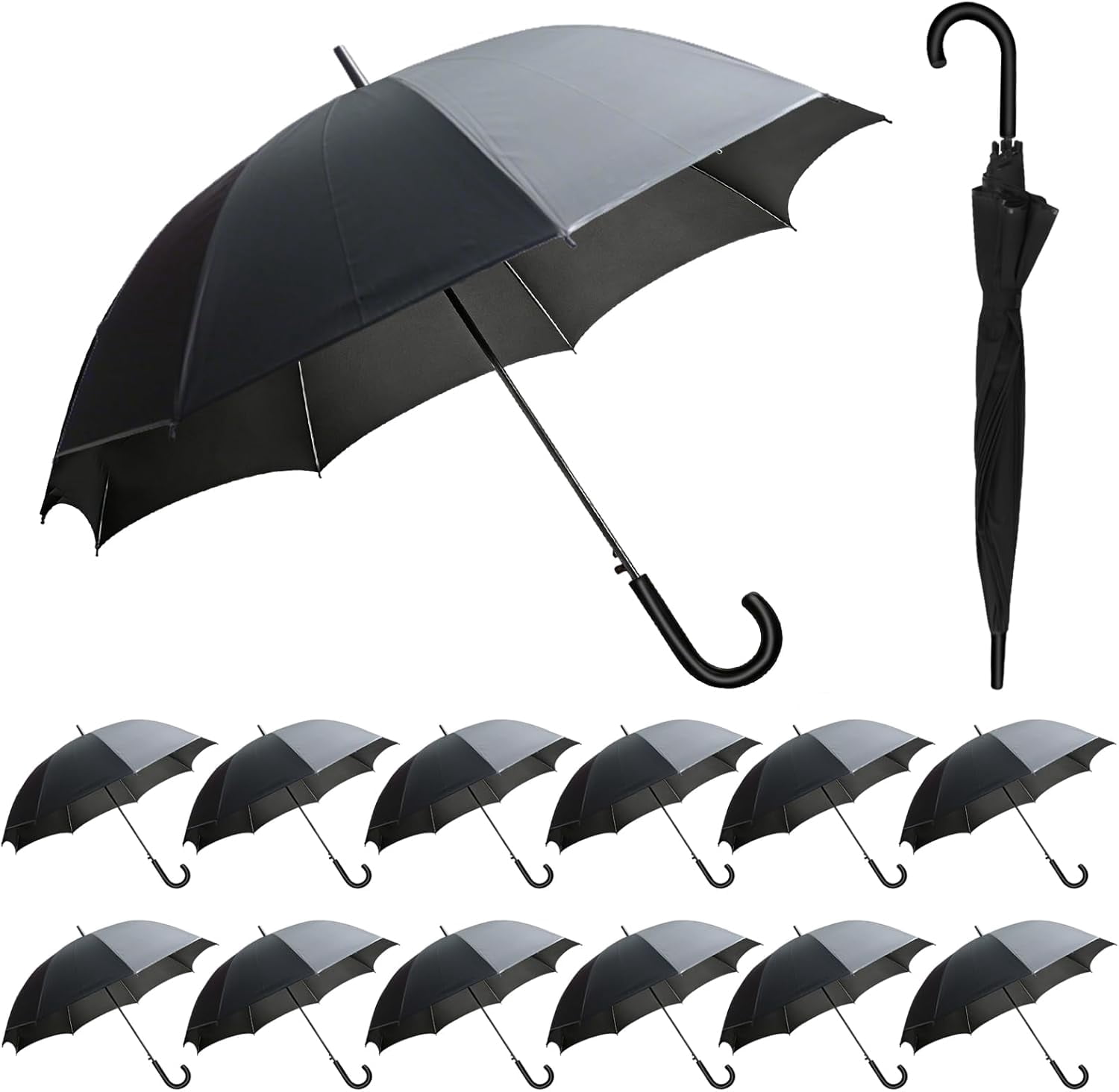 14 Pcs Black Umbrella Bulk Auto Open J Hook Handle Large Canopy ...