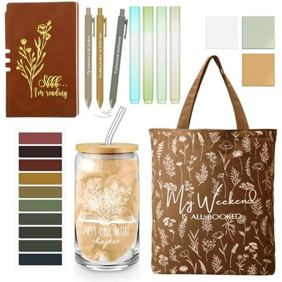 14 Pcs Book Lovers Gifts 16 oz Glass Cup Canvas Bag A6 Journal Notebook ...