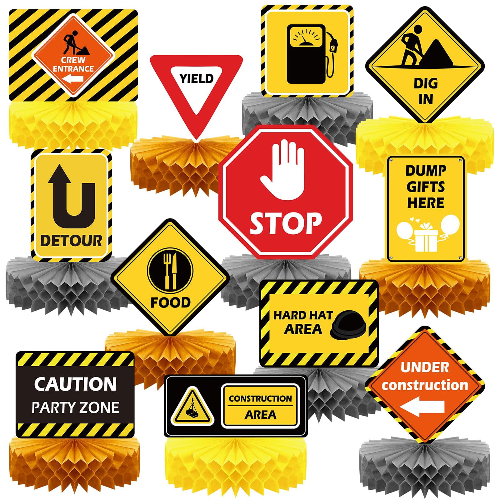 14 Pcs Construction Signs Party Centerpieces Honeycomb Traffic Road ...