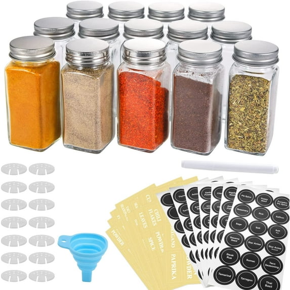 14 Pcs Glass Spice Jars with Spice Labels - 4oz Empty Square Spice ...