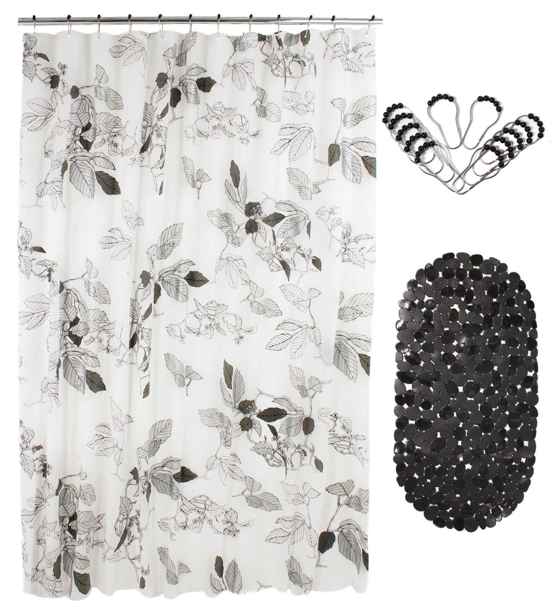 14-Pcs PEVA Shower Curtain Set 72” w/ Anti-Slipping Rubber-Mat & 12 ...