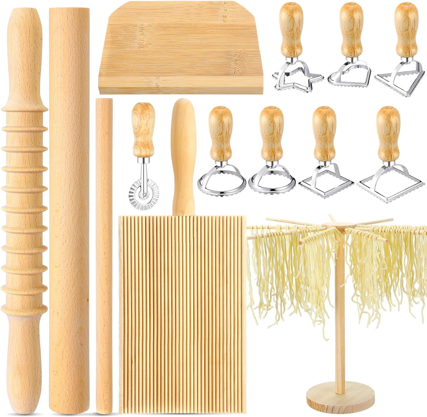 14 Pcs Pasta Making Tool Set Includes Wooden Cutter Dough Scraper ...