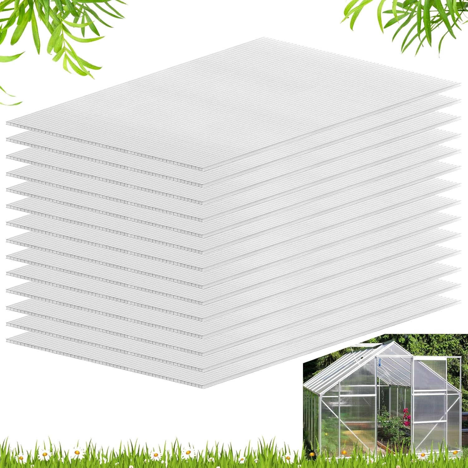 14 Pcs Polycarbonate Greenhouse Panels, 4' x 2' x 0.24'', Twin-Wall Polycarbonate Sheet, Clear ...