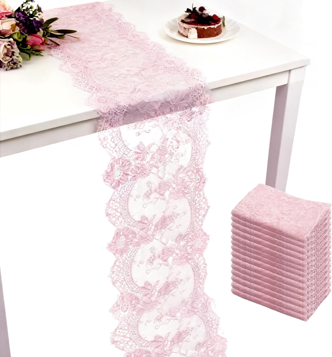 14 Pcs Rose Pink Lace Table Runner 14 x 120 Inch Wedding Romantic ...