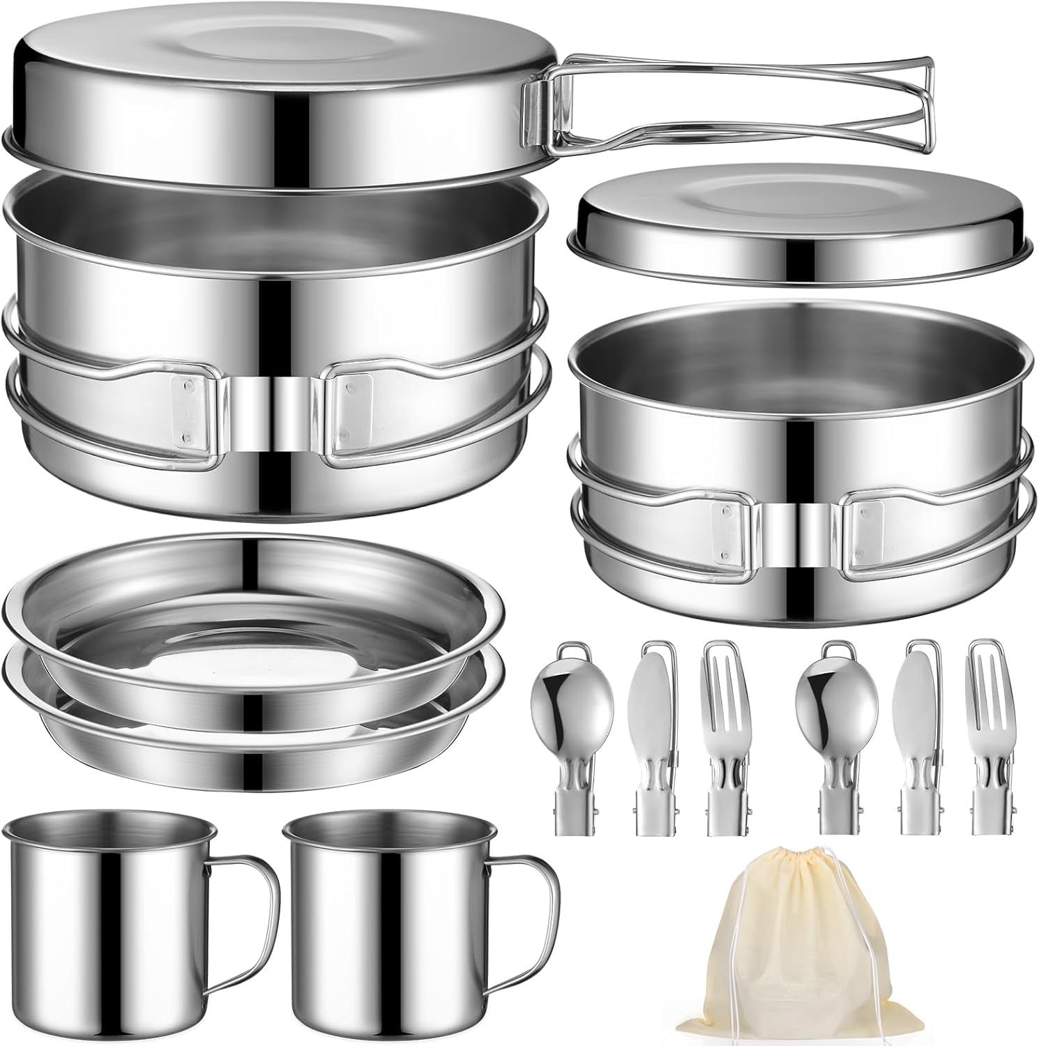 14 Piece Camp Cooking Set, Stainless Steel Camping Cookware with Pot ...