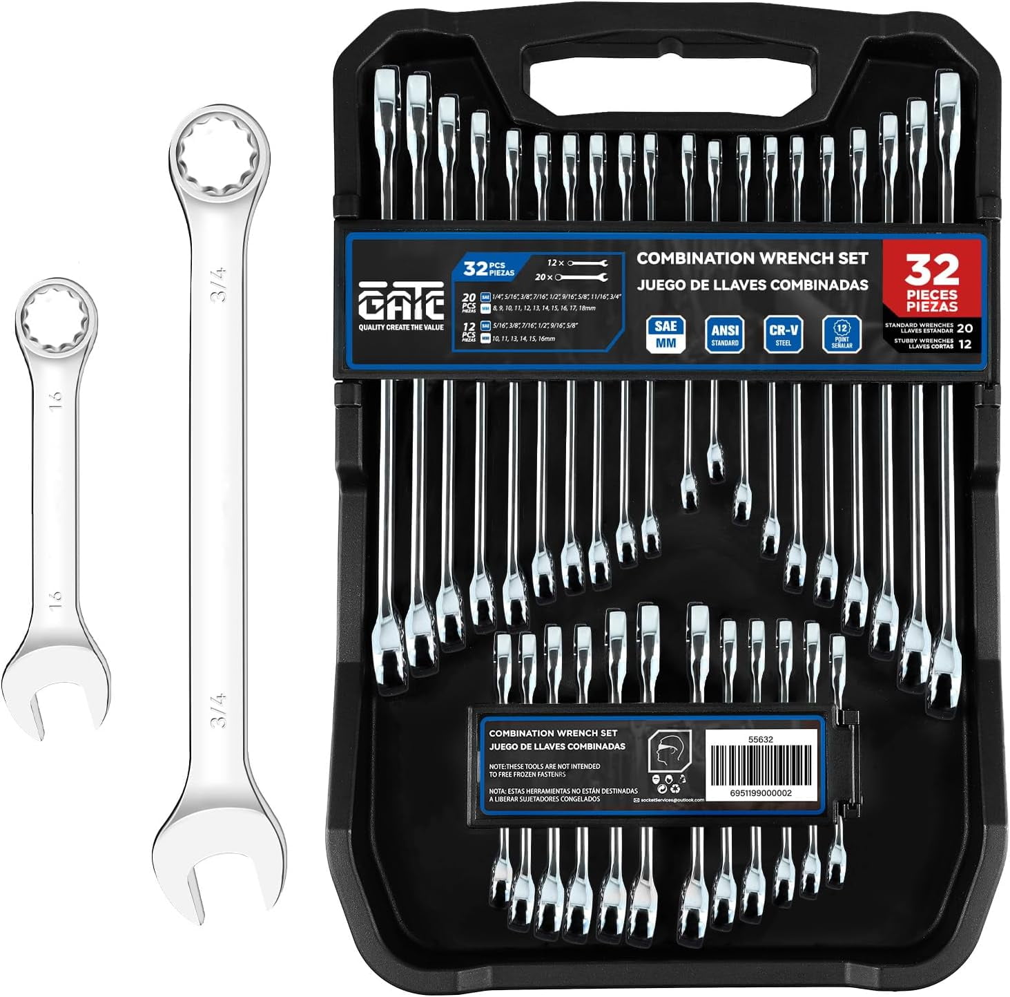 14 Piece Combination Wrench Set,1/4”-15/16” SAE Wrench Set, Open End ...
