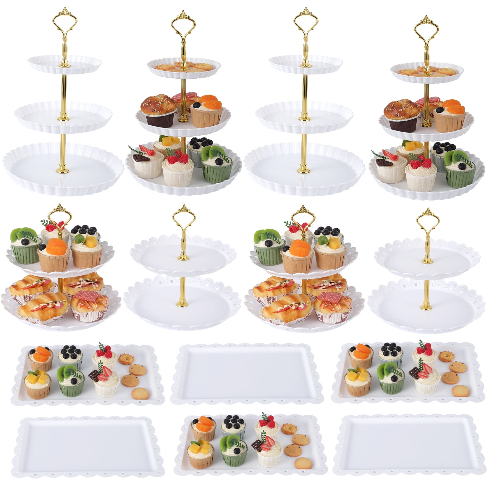 14-Piece Dessert Stand Set, White 4 Tiered Cake Stands, 3-Tier & 2-Tier ...