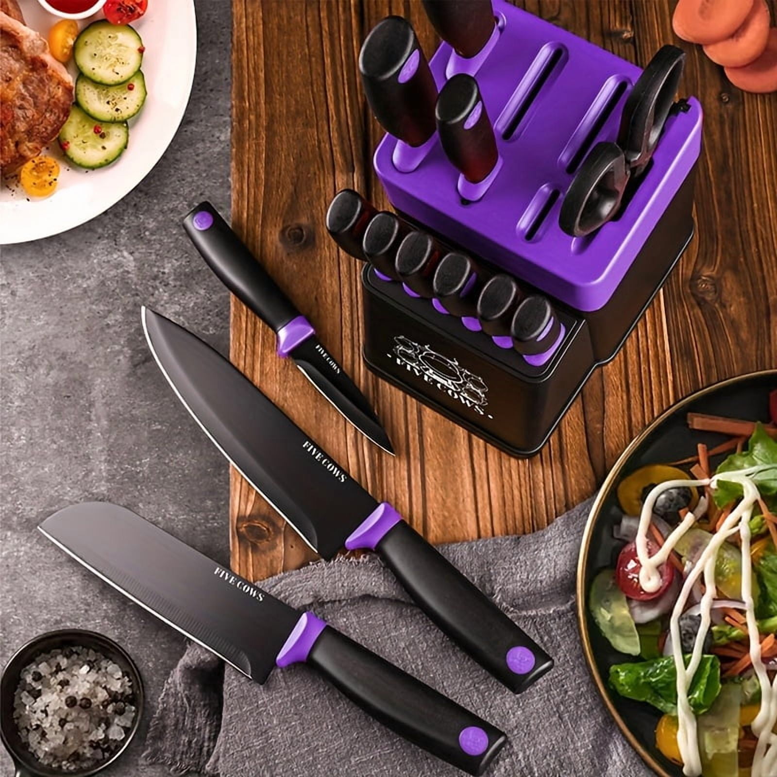 14-Piece Kitchen Knife Set with Holder: Chef, Fruit, Bone & Steak ...