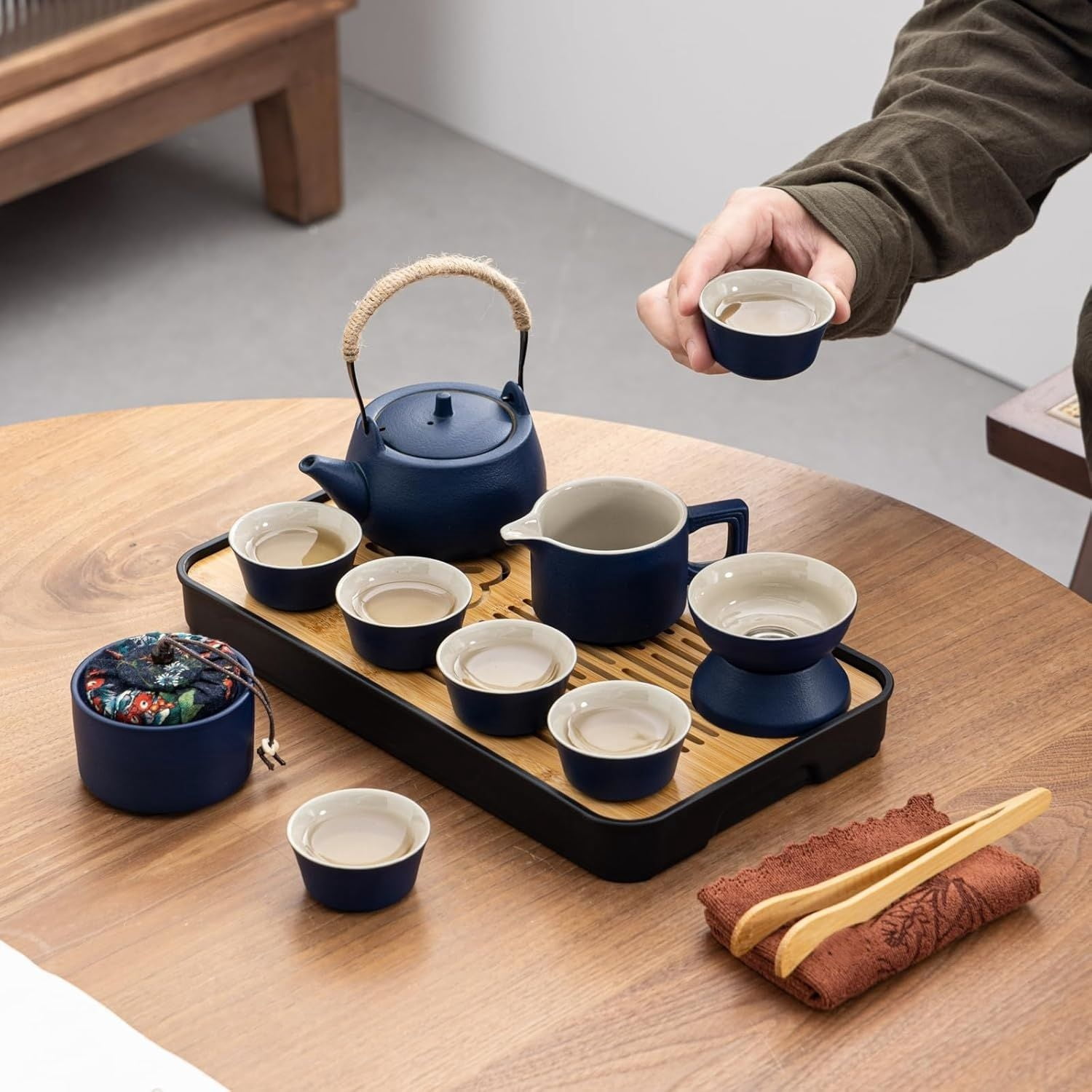 14-Piece Portable Ceramic Travel Tea Set - Tea Kit with Bamboo Tray ...