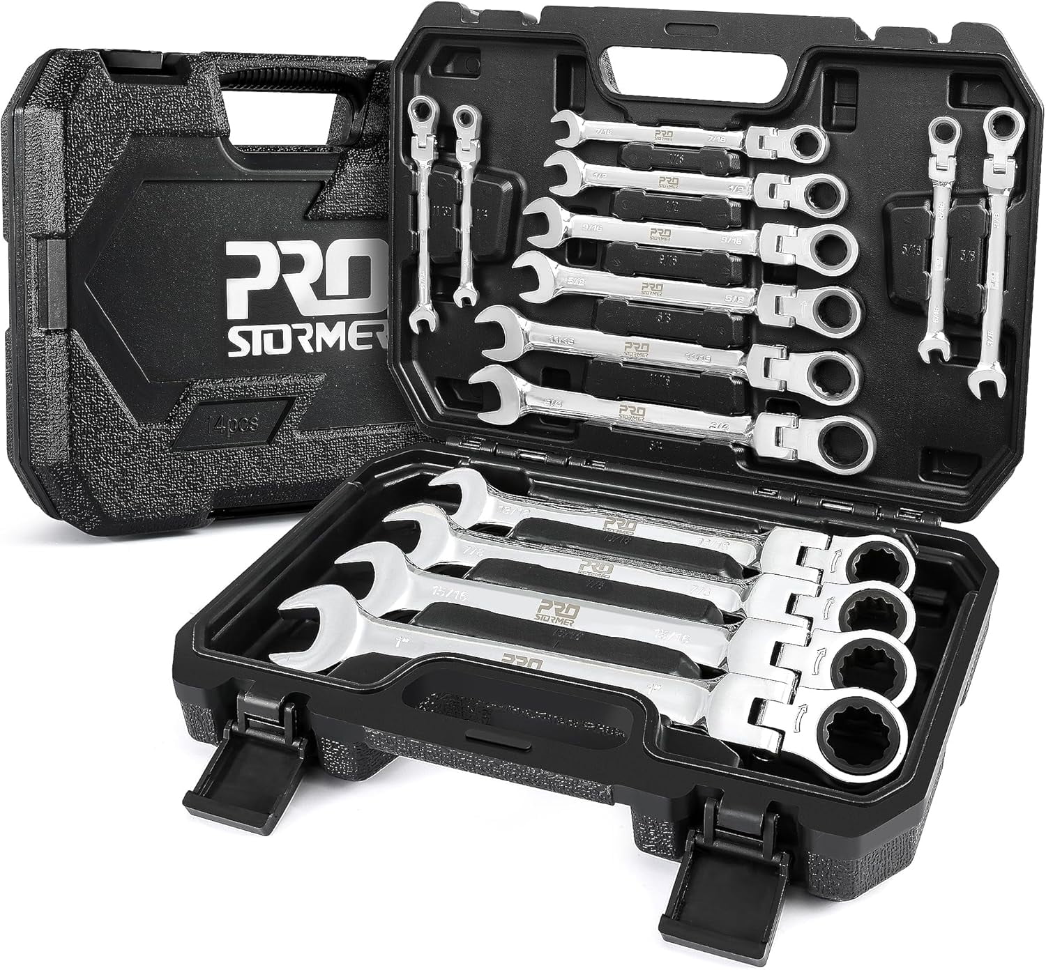 14-Piece SAE Flex-Head Ratcheting Wrench Set, 1/4" to 1" Ratchet ...