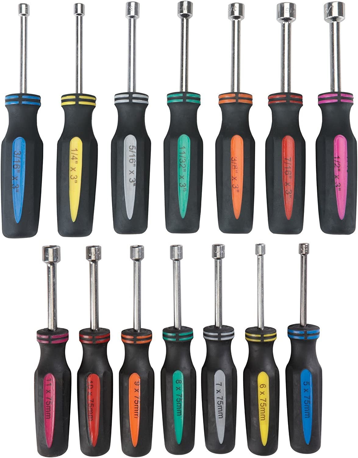 14 Piece SAE and Metric Professional Automotive Nut Driver Set Color ...