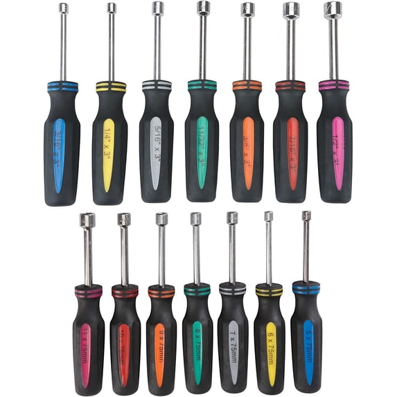 14 Piece SAE and Metric Professional Automotive Nut Driver Set Color ...