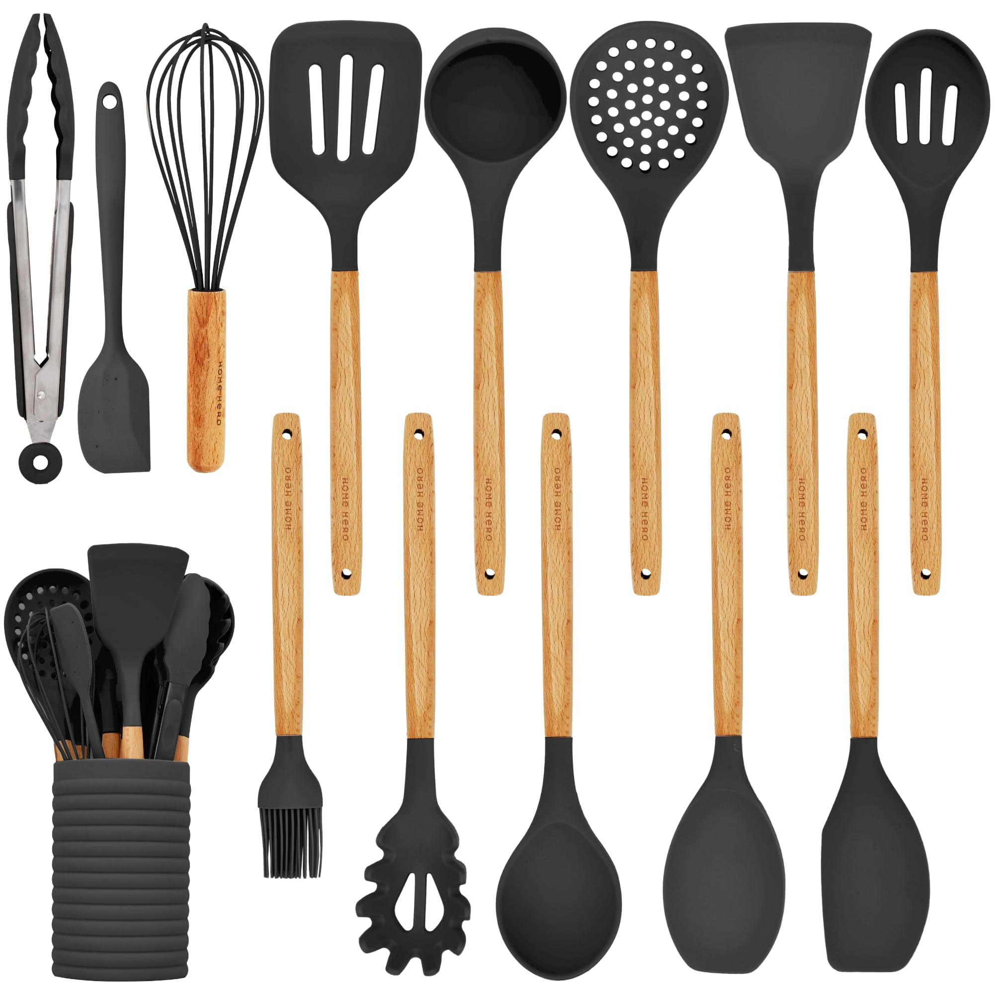 14-Piece Silicone Kitchen Utensil Set with Wooden Handle, Non-Stick ...