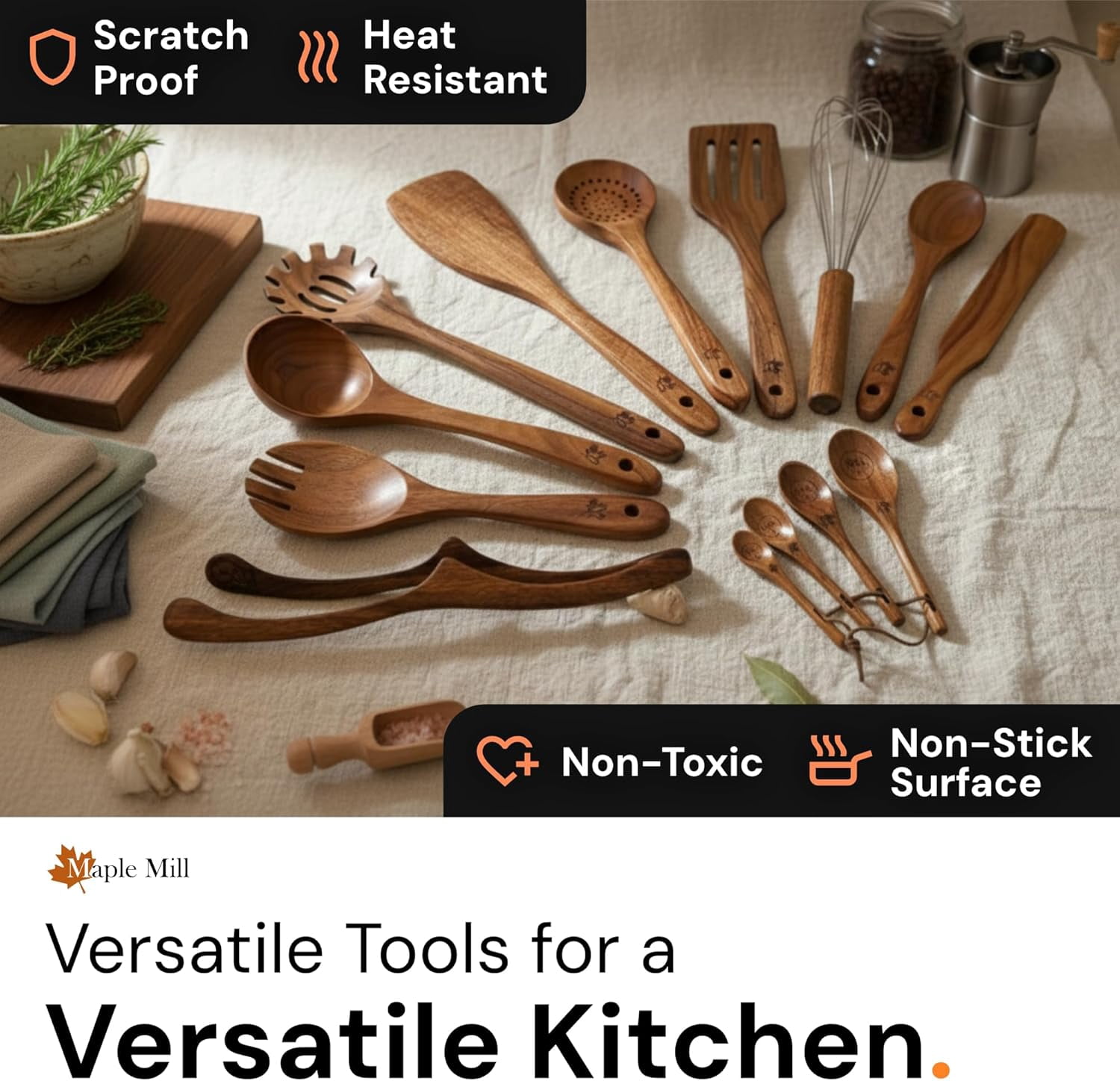 14-Piece Teak Wood Cooking Utensil Set with Spatula and Measuring ...