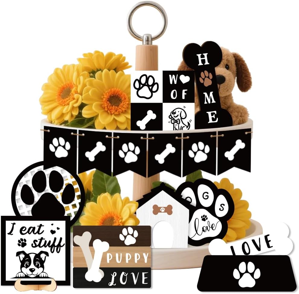 14 Pieces Dog Tiered Tray Decor Cute Puppy Love Paw Wooden Decorations ...