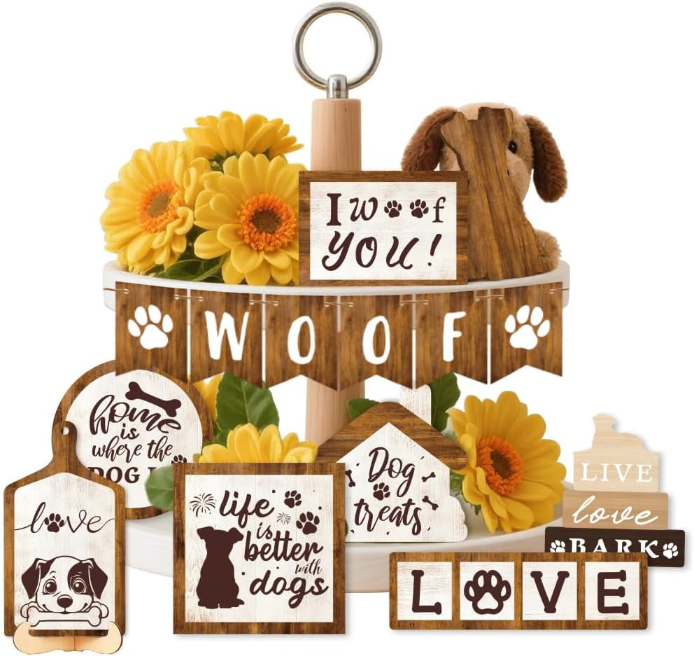 14 Pieces Dog Tiered Tray Decor Cute Puppy Love Paw Wooden Decorations ...