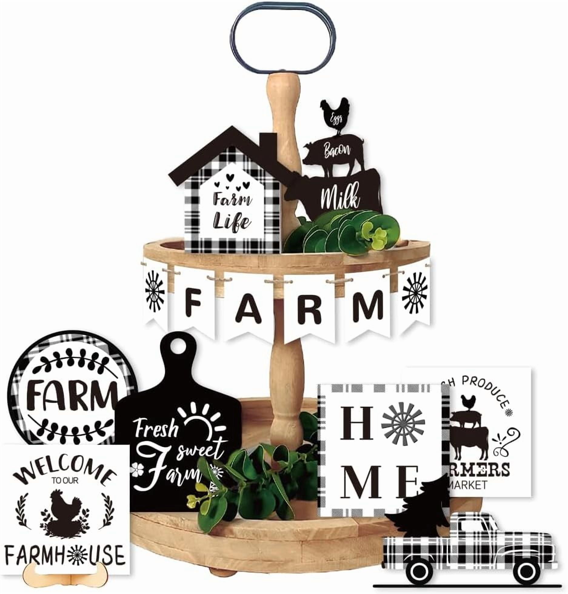 14 Pieces Farmhouse Tiered Tray Decor Rustic Tabletop Signs Decorative ...