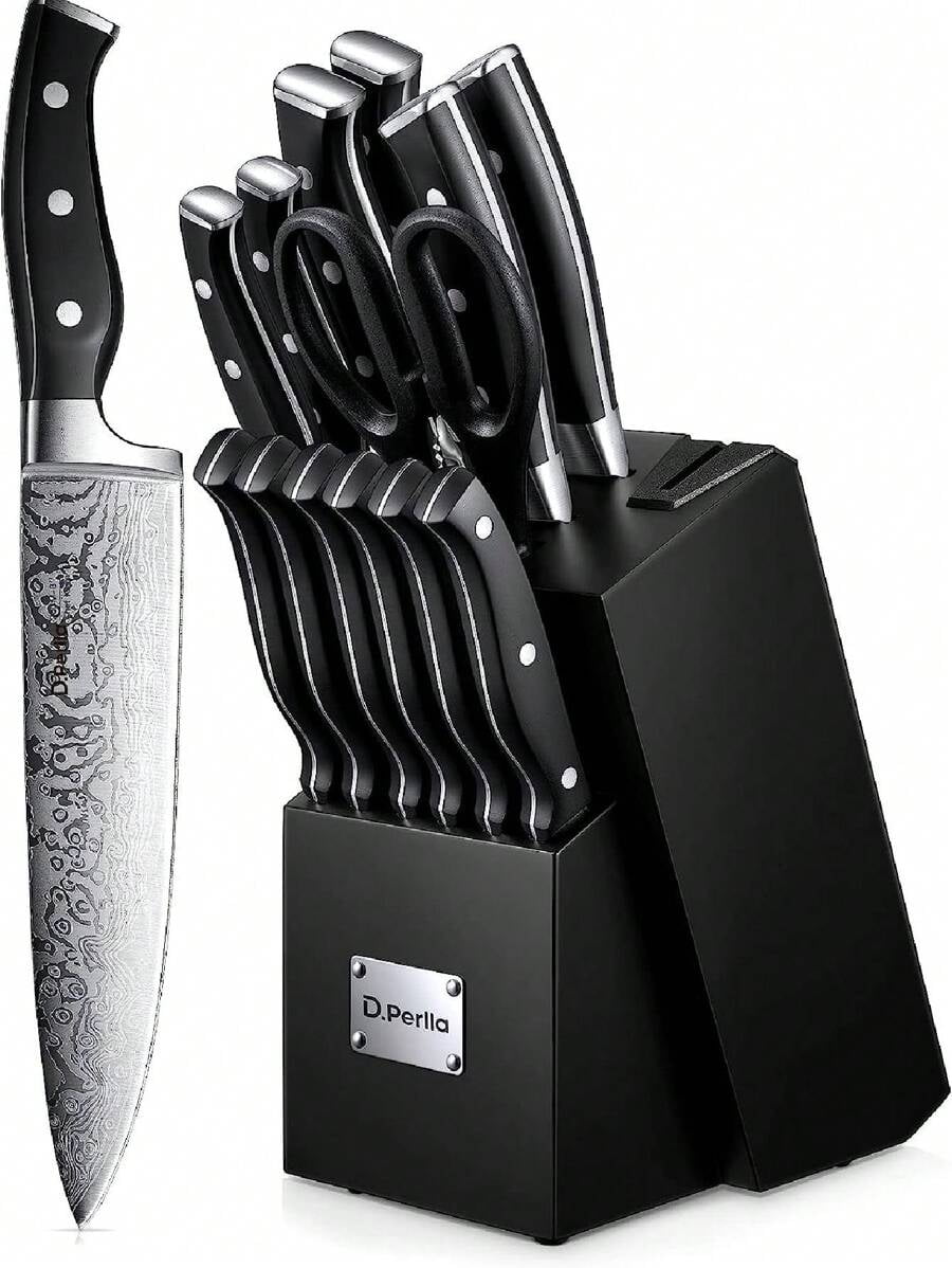 14 Pieces Knife Block Set With Built-In Sharpener, Unique Waved Pattern ...