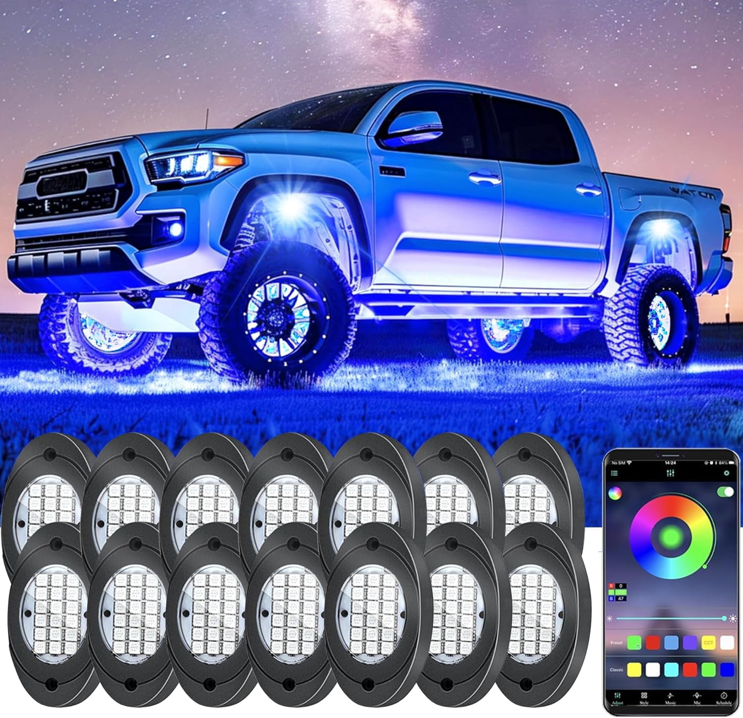 14 Pods Rock Lights, Underglow Multicolor Neon Light Kit Wheel Well ...