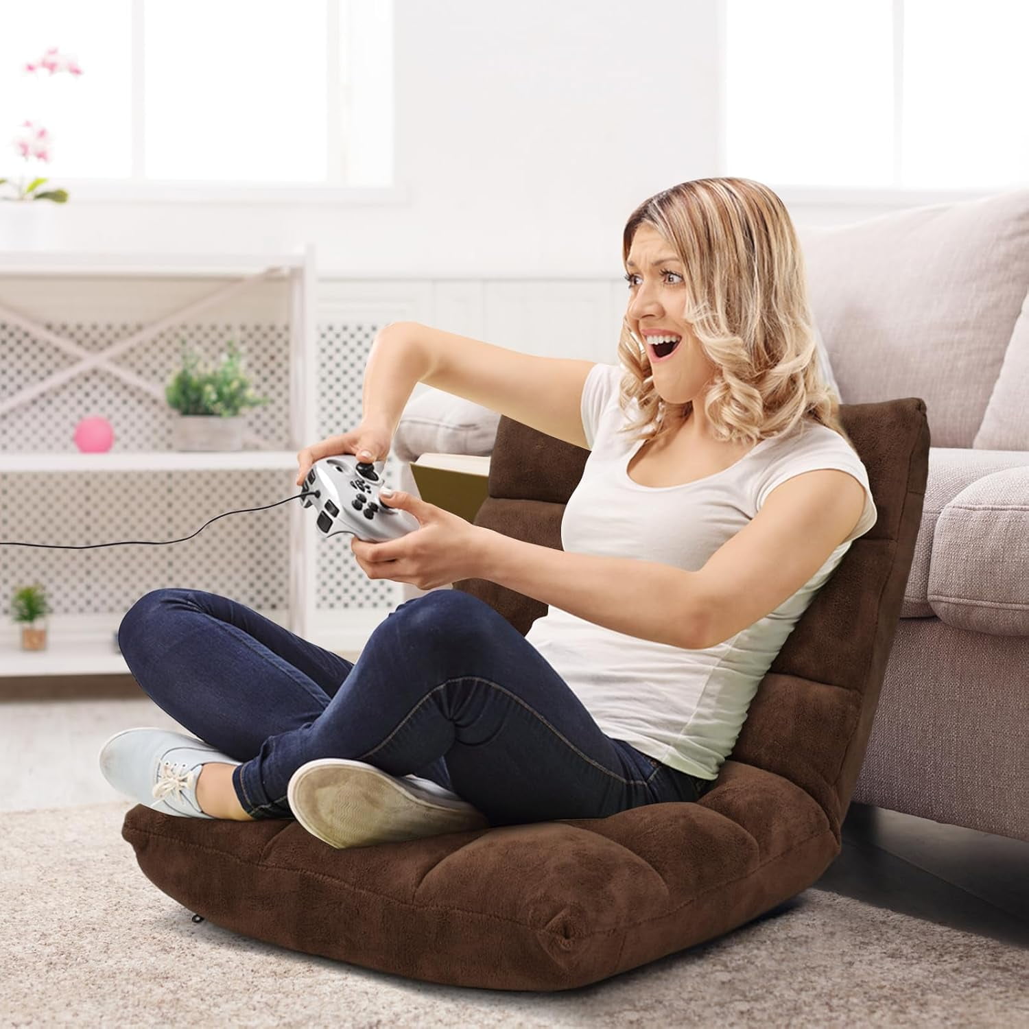 14-Position Adjustable Floor Chair with Back Support - Padded Gaming ...