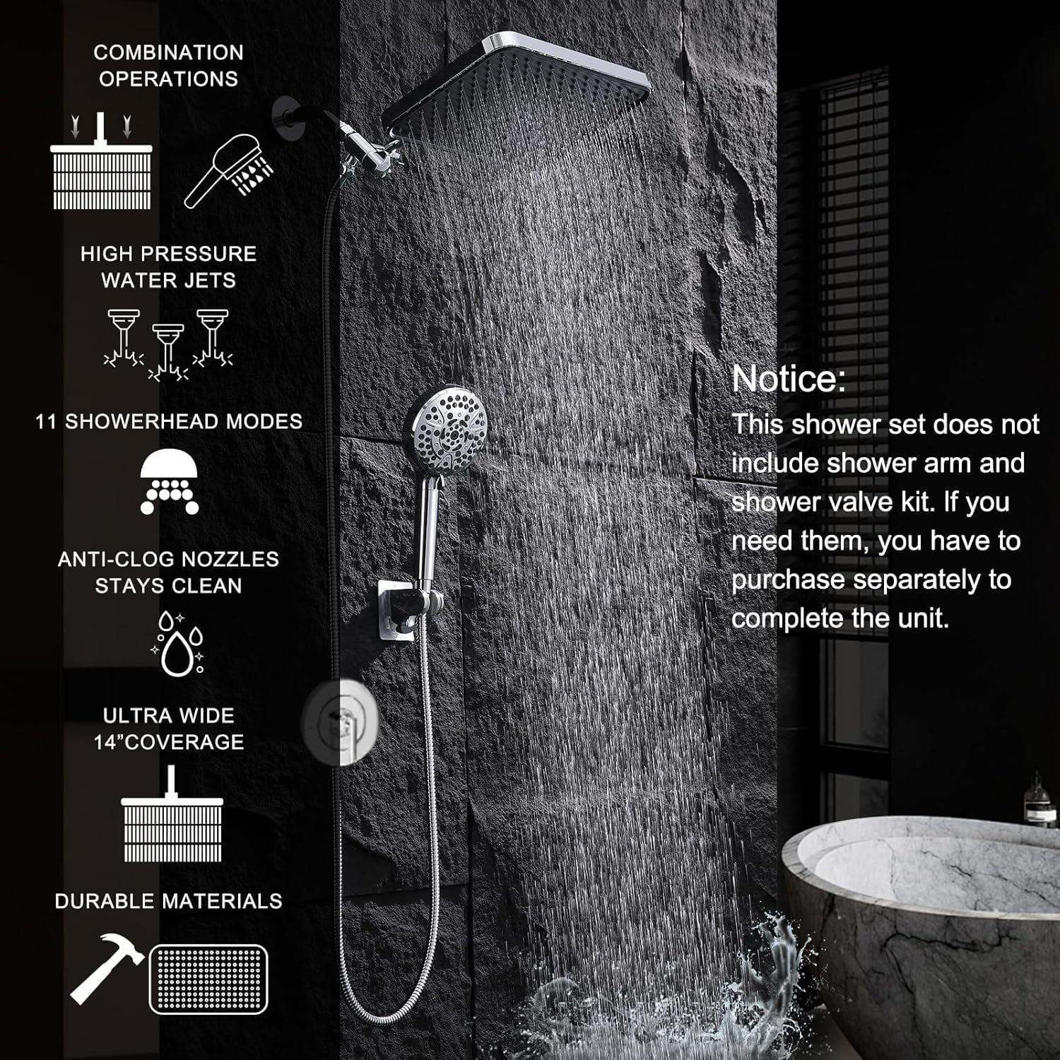14''Rainfall Shower Head with Handheld-11Modes Hand held with Power ...