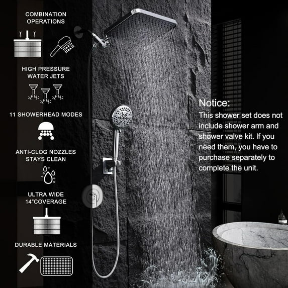 14''Rainfall Shower Head with Handheld-11Modes Hand held with Power ...