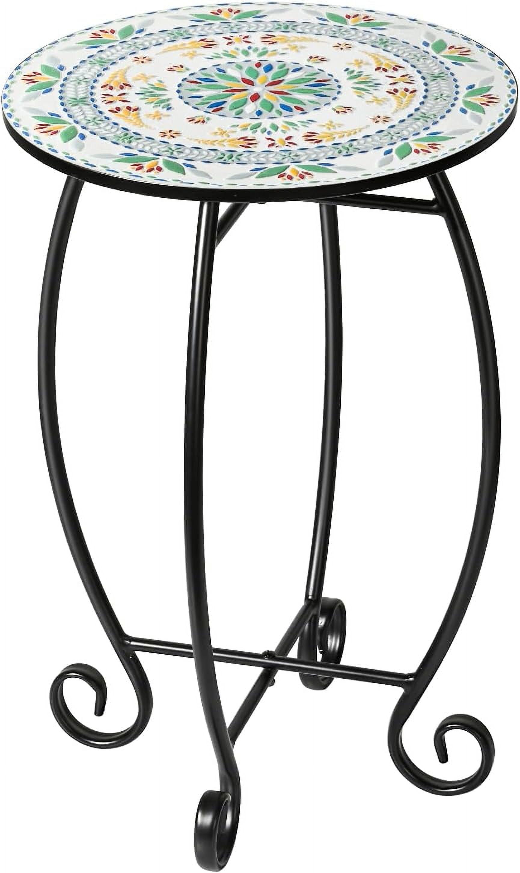 14" Round Side Table with Unique Relief Ceramic Tile Top and Metal ...