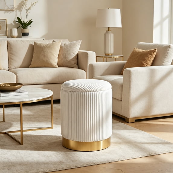 14" Round Storage Ottoman with Reversible Lid Tray, 3-in-1 Corduroy ...