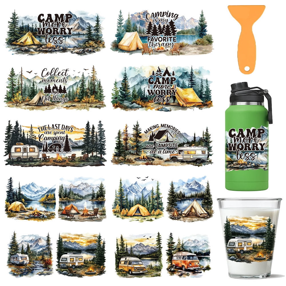 14 Styles Fwatercolor Camping UV DTF Cup Wraps 10 Sheets Forest Tent ...