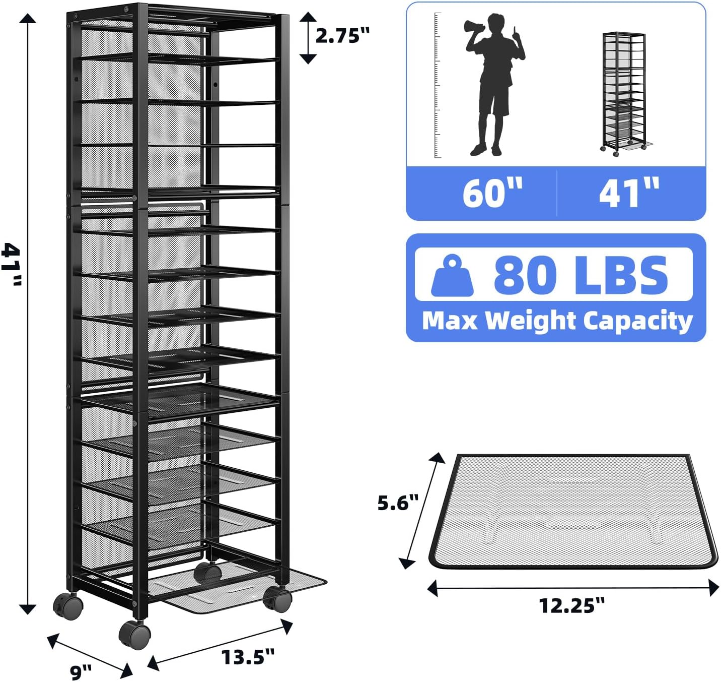 14 Tier Rolling File Cart, Desk File Organizer with Sliding Trays and ...