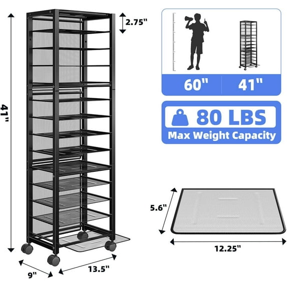 14 Tier Rolling File Cart, Desk File Organizer with Sliding Trays and ...