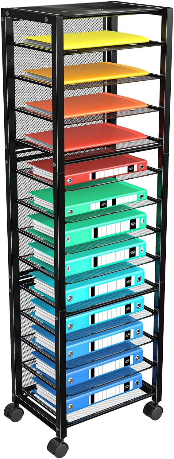 14 Tier Rolling File Cart, Metal Desk File Organizer with Sliding Trays ...