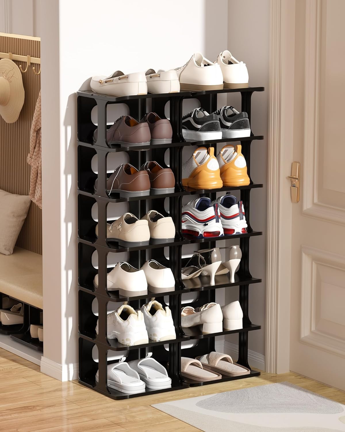 14 Tier Vertical Black Shoe Rack for Front Door Entrance - Tall Shoe ...