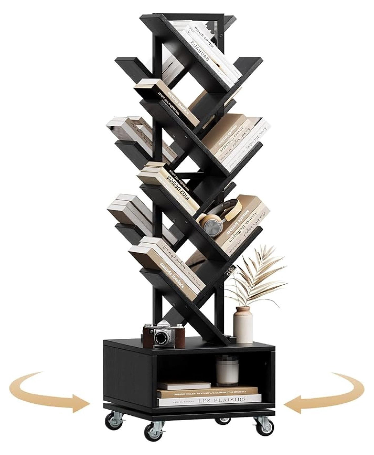 14 Tire Rotating Bookshelf, Spinning 360° Tree Book Shelf with Brake ...